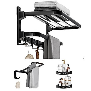 New Multi-Hook Double Folding Three-Piece Set, 60cm Bathroom Space Aluminum Double Folding Bath Towel Rack, Upgraded Hollow Double Tripod, 60cm Thick Flat Tube Double Towel Rod