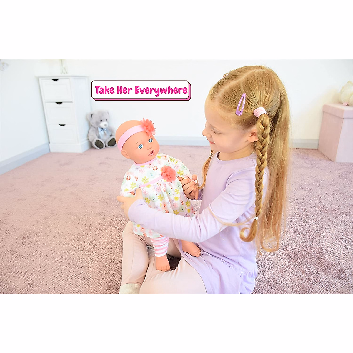 KOOKAMUNGA KIDS 18” Baby Doll Set - Baby Dolls for 2 Year Old Girls & Boys and Up - Comes w/Soft Baby Doll - Toy Baby Bottle - Diaper Bag - Blanket & Pacifier & Plush-Rattle