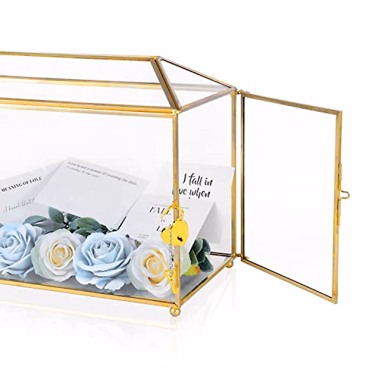 Ripprovt Glass Wedding Card Box with Lock, 12.6x5.9x9 inches Large Gold Card Boxes for Wedding Reception, Keepsake Display, Graduation, Party Centerpiece Decorative Box