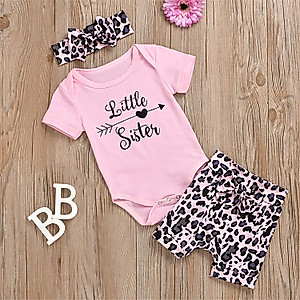GRNSHTS Baby Girl Sister Matching Clothes Infant Little Sister Short Sleeve Romper+Leopard Shorts+Headband 3Pcs Outfits (Leopard Little Sister, 0-6 Months)