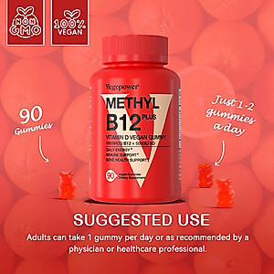 Vegan Vitamin B12 Gummies with Vitamin D - 90 Count I 1000 MCG Methyl B12 & D3 5000 IU Chewable Gummies Supplements for Adults & Kids - Supports Bone Health & Daily Energy Boost - Non-GMO, Orange