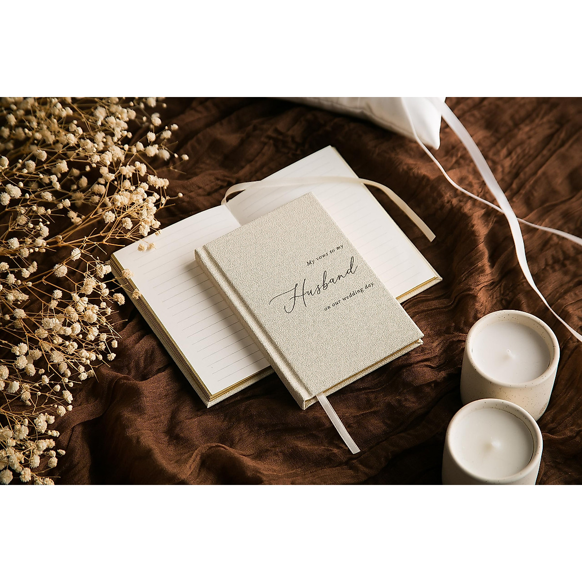 MUUJEE Hard Cover Vow Books (Set of 2) - Cream Canvas Linen Foil Embossed Wedding Ceremony Vow Renewal Speech Books, Couple Gifts for Engagement (To My Husband/Wife)