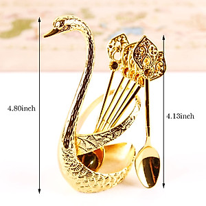 Decorative Gold Swan Base Holder with 6Pcs Coffee Spoon set, Metal Swan Base Holder Spoon Organizer with 6 Spoons, Small Delicate Spoons for Coffee Fruit Dessert Ice Cream Cake