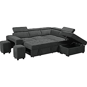 FANYE L-Shaped Oversized Convertible Tufted Sleeper Sectional Sofa with Pull Out Sleeper Couch Bed,Adjustable Headrests, Padded Armrests,Movable Stools and Storage Ottoman for Living Room