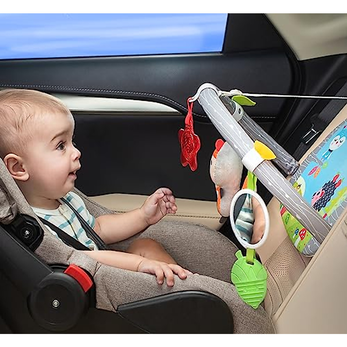 Car Seat Toys For Babies - Double Sided Rear Facing Carseat Toy With Baby Mirror For Infants Girls And Boys 0+ Month by BENBAT - Blue