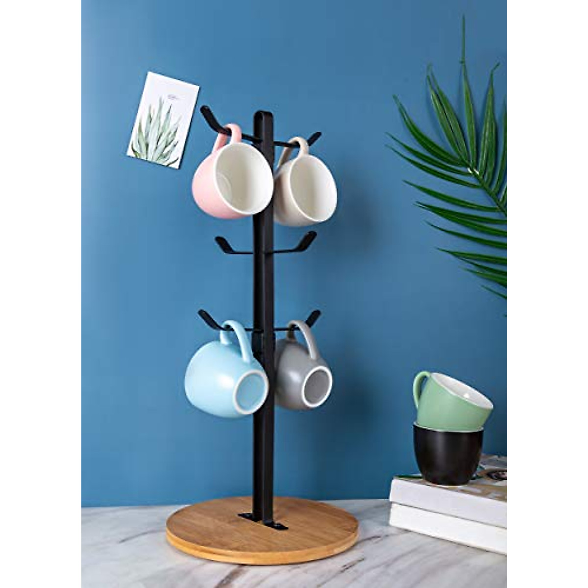 TIEYIPIN Coffee Mug Holder, Espresso Cup Holder, Mugs Tree Hanger, Bamboo Base Coffee Cup Holder Stand with 6 Hooks for Kitchen, Coffee Bar Counter