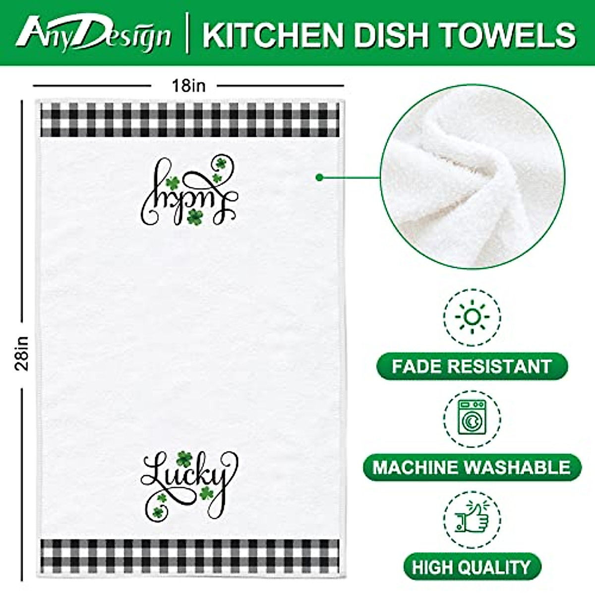 AnyDesign St. Patrick's Day Kitchen Dish Towels 18 x 28 White Black Buffalo Plaids Dishcloth Lucky Shamrock Clover Truck Drying Cloth Tea Towel Irish Decorative Hand Towel for Cooking Baking, 4 Pack