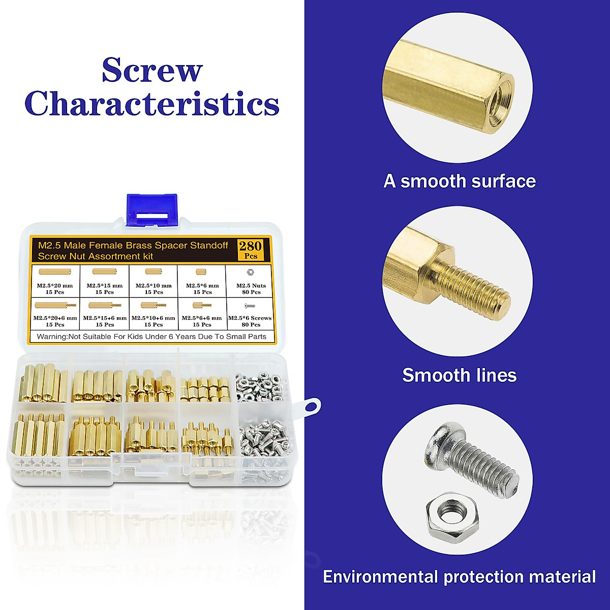 Csdtylh 280Pcs M2.5 Motherboard Standoffs&Screws&Nuts Kit, Hex Male-Female Brass Spacer Standoffs, Laptop Screws for DIY Computer Build, Electronic Projects, Raspberry Pi, Circuit Board etc.