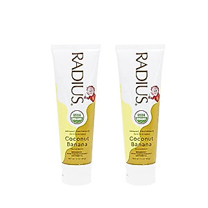 RADIUS USDA Organic Kids Toothpaste 3oz Non Toxic Chemical-Free Gluten-Free Designed to Improve Gum Health for Children's 6 Months and Up - Coconut Banana - Pack of 2