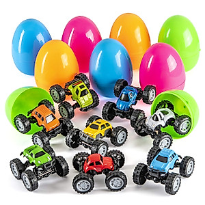 PREXTEX Jumbo Easter Eggs Filled with DIY Plastic Kids Monster Truck Toys | Easter Monster Truck Party Favor and Supplies | Filled Easter Eggs for Boys and Girls - Monster Truck Easter Eggs