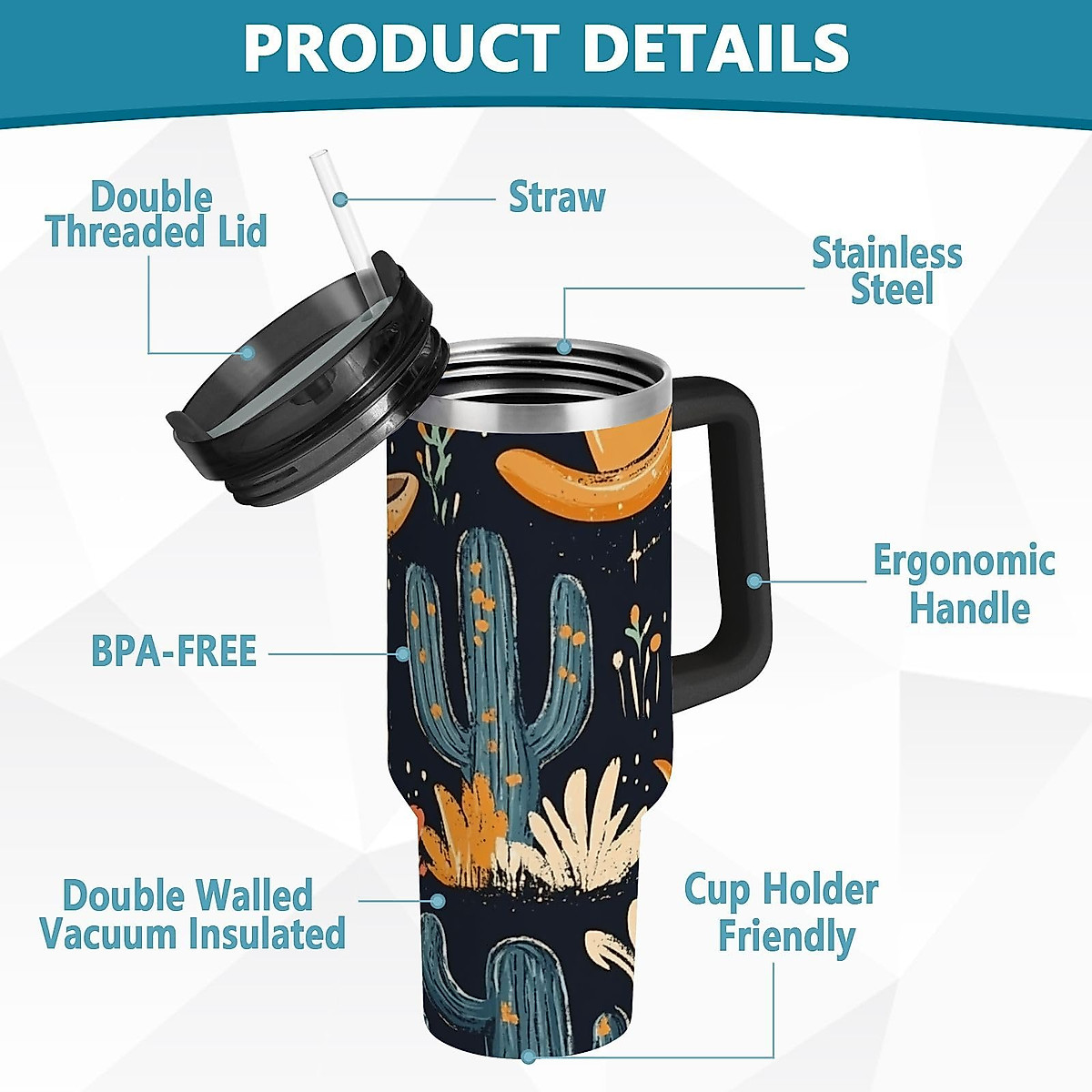 Selerdon 40 oz Tumbler Cowboy Hat with Handle and Straw Lid Vacuum Stainless Steel Insulated Water Bottle Travel Mug Car Cup Holder Friendly BPA Free for Gym Travel Office