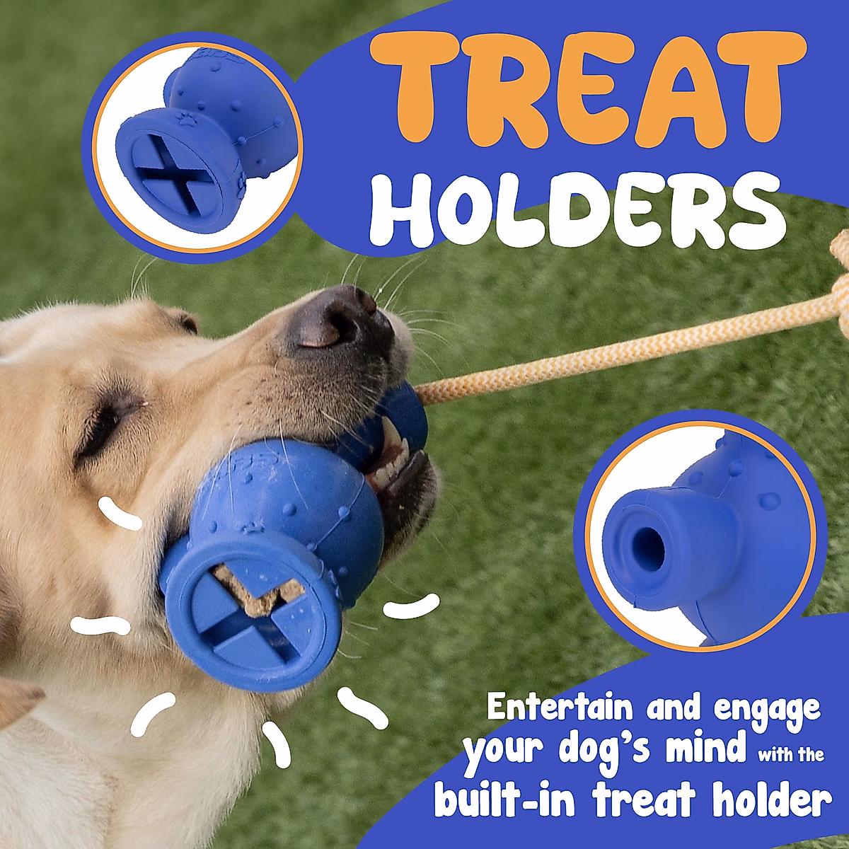 LIT LABS Funny Dog Toy Chew Rubber Tug-A-War Dog Toy - Built for Sized Medium to Large Dogs - Ideal Gift for Dog Birthday - Orange Body with Yellow Rope