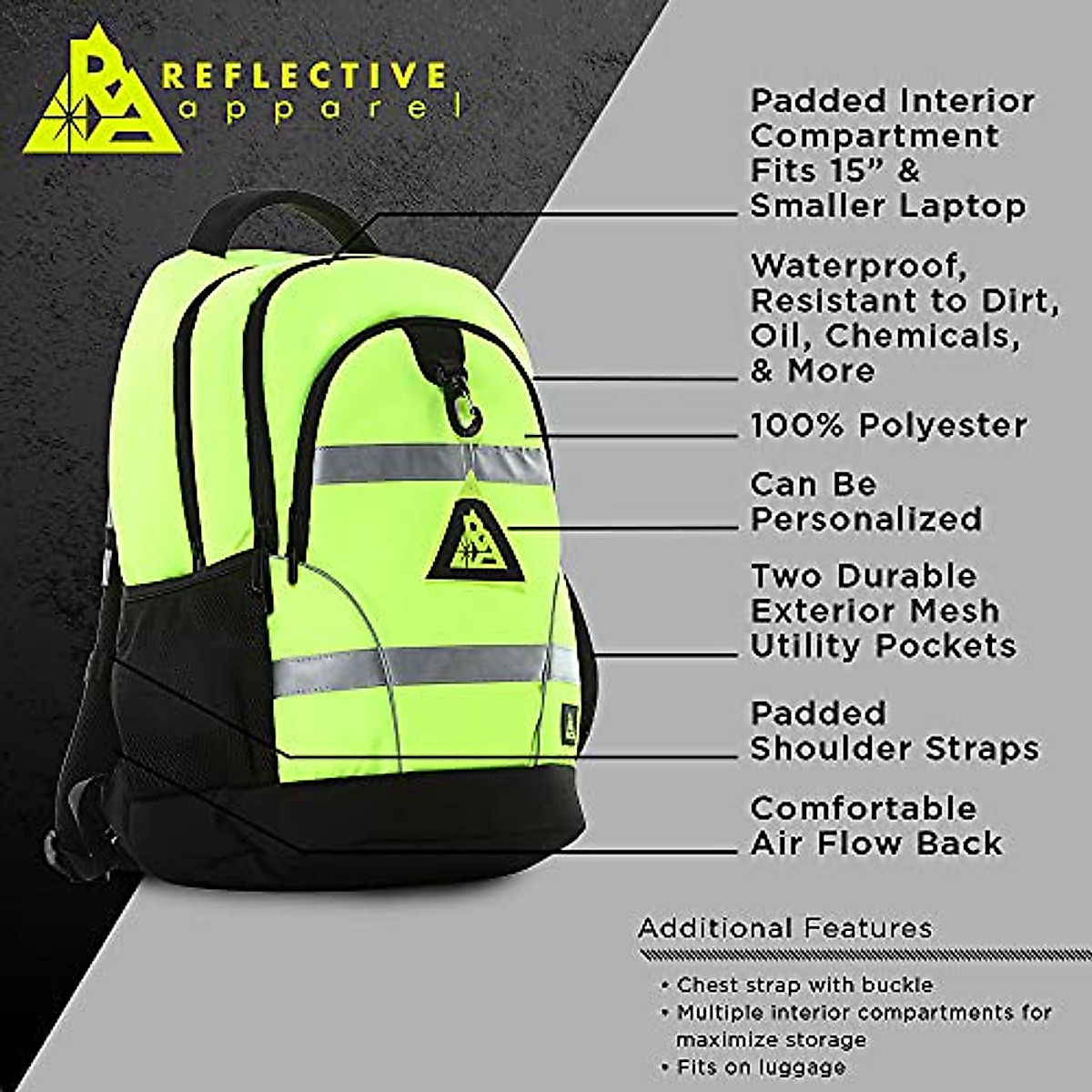 Reflective Apparel High Visibility Waterproof Safety Backpack - 3M Reflective Tape, 100% Polyester Oxford - Lime, 14" x 7" x 18"