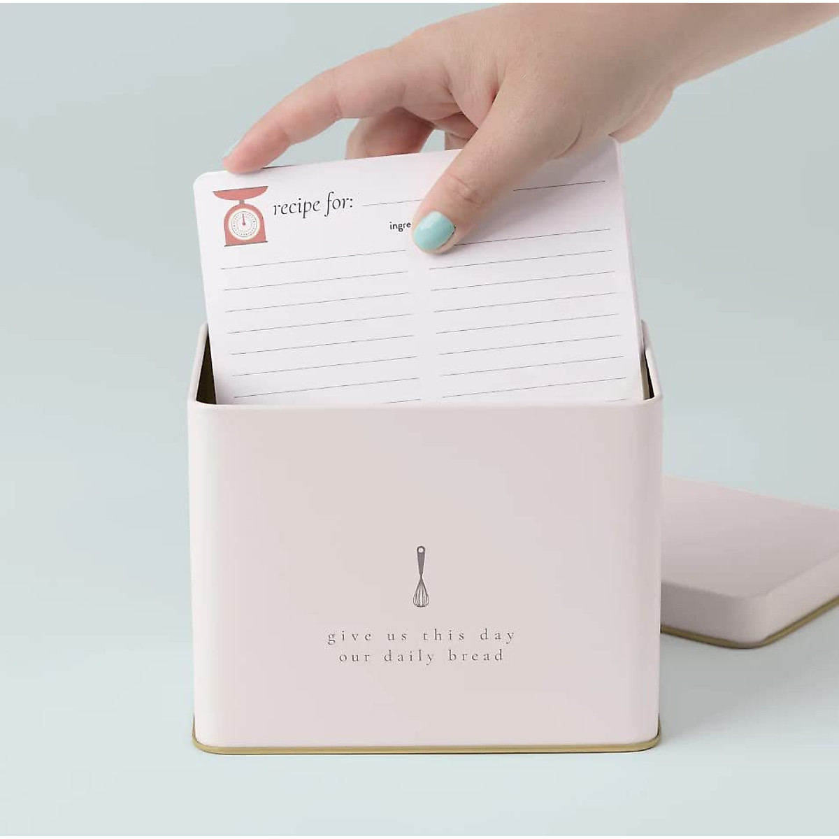 PPP Recipe Tin in Cream | Classic and Neutral | Includes 25 Blank Recipe Cards | Gold Metallic Interior | w/Whisk Design Printed | Made from Heavy Steel | Decorative Recipe Box Holder