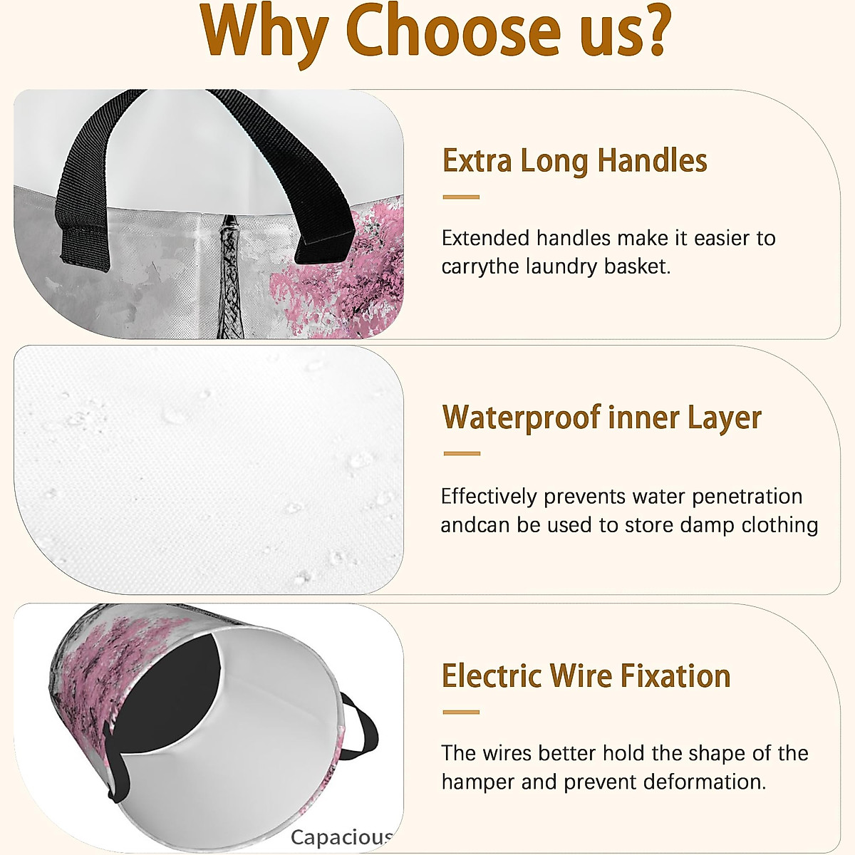 Eiffel Tower Pink Flowers Trees Laundry Basket,Waterproof Laundry Hamper,Collapsible Organizer Basket for Storage Bin Toy Bins, Dirty Clothes Laundry Basket for Living Room/Bathroom/Bedroom