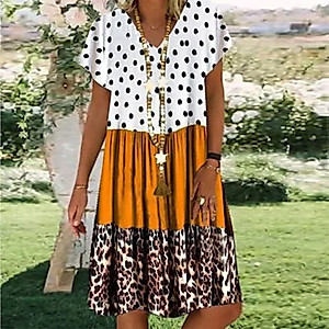 Cnebo Summer Polka Dot Printed Panel Contrast Women's V Neck Short Sleeved Dress One Shoulder Dresses for Women