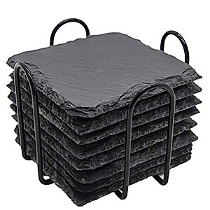 Slate Drink Coasters with Metal Holder, GOH DODD 4 Inch 8 Pieces Black Stone Coasters Bulk Cup Coaster Set for Bar Kitchen Home Apartment, Square