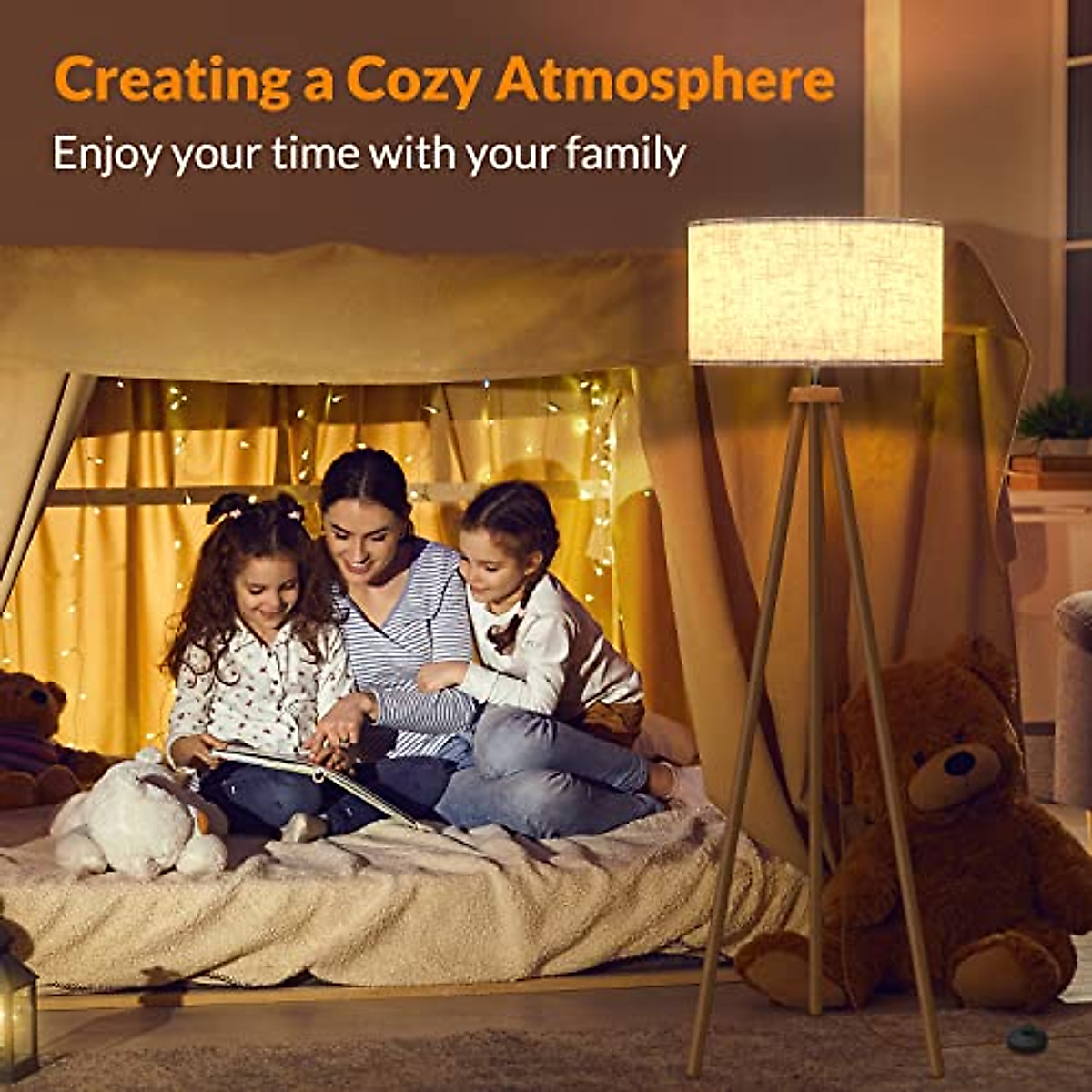 LEPOWER Wood Tripod Floor Lamp, Mid Century Standing Lamp for Living Room, Flaxen Lamp Shade, Modern Design Standing Lamp with E26 Lamp Base, Tall Floor Lamp for Bedroom, Study Room and Office