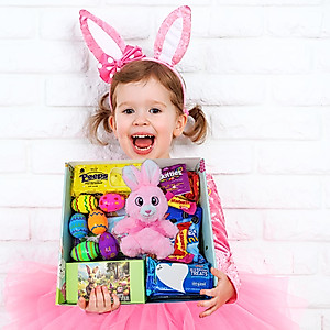 Easter Care Package for Kids - Prefilled Complete with Toys & Candy, Pre-made Basket Fillers Stuffed Box, Boys, Girls, Adults, teens,toddler, Premade Easter Baskets, (Pink Bunny)