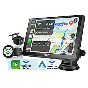 ATOTO P8 Portable 7'' QLED Display Car Radio, with HD 1080P Rear DVR Cam, On-Dash Camera Input, Wireless Carplay & Wireless Android Auto, Remote Control, WDR & Auto Dimmer, AUX/FM Output, P807SD-RC