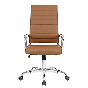 LANDSUN Home Office Chair High Back Executive Chair Ribbed Leather Computer Desk Chair with Armrests Soft Padded Adjustable Height Swivel Modern Conference Chrome Brown