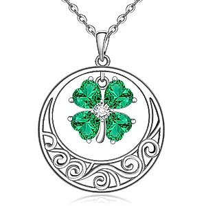 Talonior St Patricks Day Necklace Shamrock Necklace for Women 4 Leaf Clover Pendant Irish Shamrock Sterling Silver Filigree Cubic Zirconia Green Good Lucky Clover Jewelry Gifts