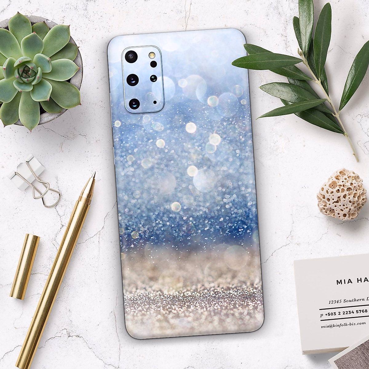 DesignSkinz Blue Unfocused Silver Sparkle Protective Vinyl Decal Wrap Skin Cover Compatible with The Samsung Galaxy S20 (Screen Trim & Back Glass Skin)