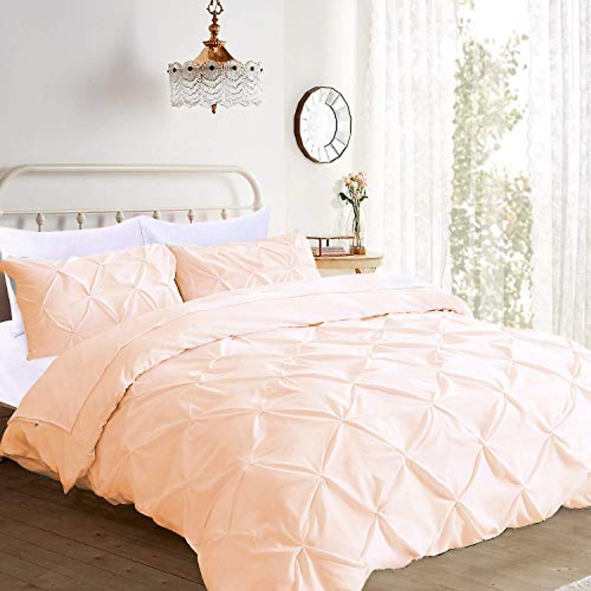 Cotton Home Depot Blush Super King Size Pinch Pleat Duvet Cover Set 3 Pieces with Zipper Closure,Rectangle Pattern Decorative Pintuck Pillow Shams