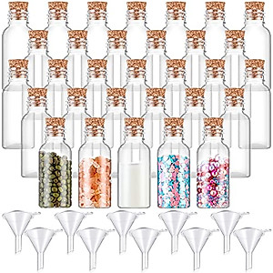 50 Packs 1 oz Plastic Sand Art Bottles with Cork Stoppers Mini Vial Potion Bottles Perfume Cork Bottle with 10 Mini Funnels for Filling Bottles for DIY Craft, Essential Oil, Message, Party Favor