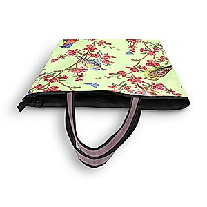 Flower Tote Bag with Zipper Long Handles Bird Floral Handbag Shoulder Bag