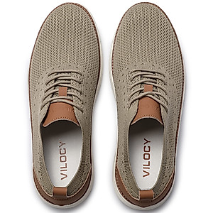 VILOCY Men's Casual Dress Sneakers Oxfords Business Shoes Lace Up Lightweight Comfortable Breathable Walking Knit Mesh Fashion Sneakers Tennis Khaki,EU44