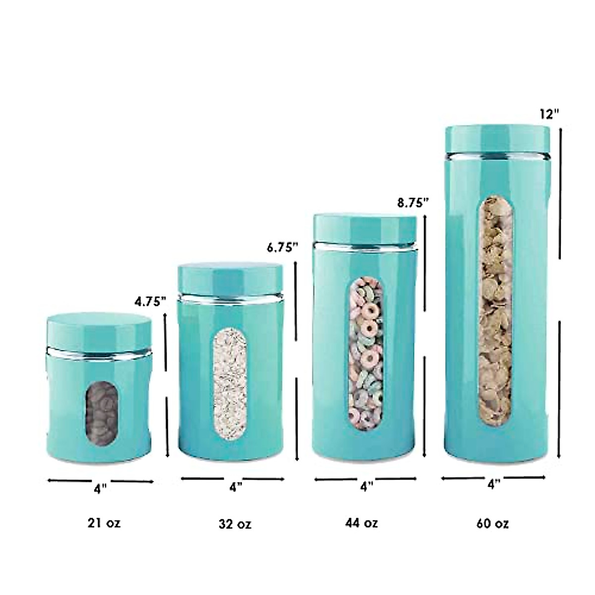 Kitchen Canisters For Countertop By Home Basics | Retro-Styled Canisters For Kitchen Counter | Stainless Steel and Glass Kitchen Canister Set, With See-Through Windows (Turquoise), 4 Pieces