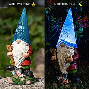 HONGYIDA Garden Gnomes Outdoor Decor with Blue Hat Glowing 14' Gnome Garden Sculptures & Statues Garden Accessories for Porch Patio Lawn Backyard Home