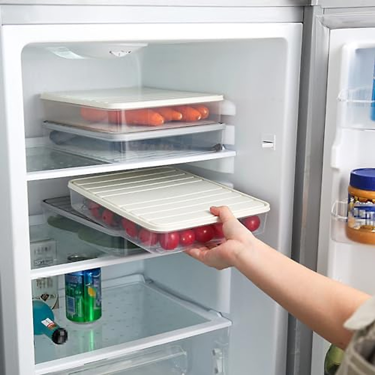 Cabilock 2pcs Food Storage Containers, Plastic Refrigerator Crispers with Lid, Stackable Vegetable Organizer for Kitchen, Freezer Organizer Bins, White (Large+Small)