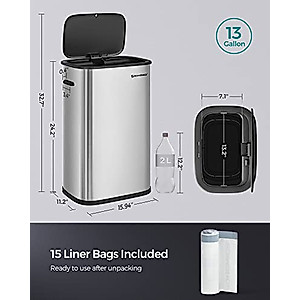 SONGMICS Motion Sensor Trash Can, 13 Gallon Automatic Garbage Can with Soft-Close Lid and Bag Retainer Ring, Stainless Steel, Touchless Kitchen Trash Bin, 15 Trash Bags Included, Silver ULTB610E50