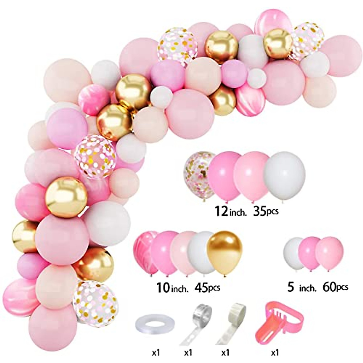 Amandir 144Pcs Pink Balloons Garland Arch Kit Light Pink Gold White Balloons Confetti Latex Metallic Balloons for Girl Birthday Baby Shower Wedding Party Decorations Supplies