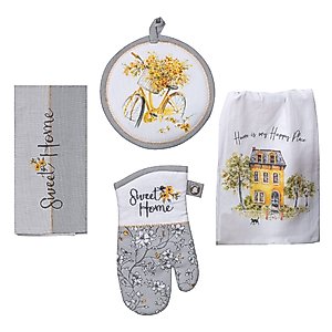 Generic Farmhouse Sweet Home Kitchen Linen Set: 4 Piece Bundle Includes Oven Mitt, Tea Towel, Flour Sack Towel and a Potholder by Kay Dee Designs, Gray Yellow