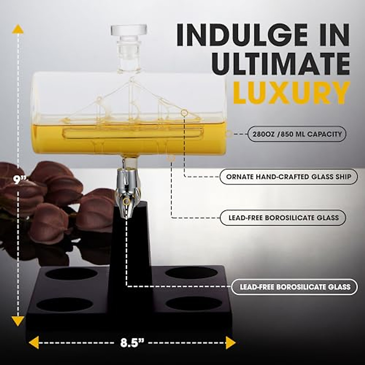 Berkware Ship In A Bottle Liquor Dispenser - 34 oz Crystal Whiskey Decanter Set with Tray with 4 Globe Glasses for Scotch, Vodka, Gin, Rum, Tequila, Cognac, Bourbon