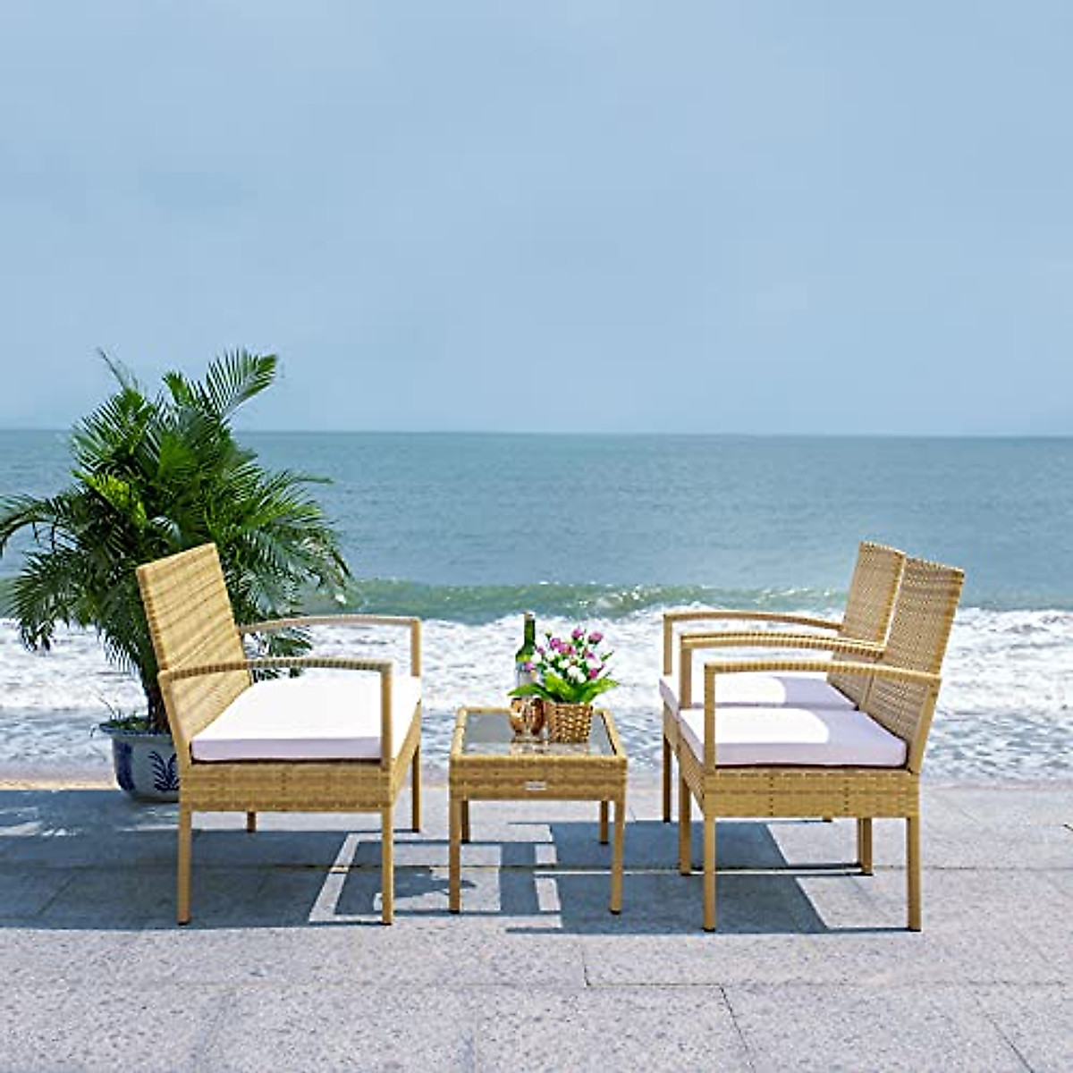 SAFAVIEH Outdoor Collection Bassey Natural/White Cushion 4-Piece Conversation Patio Set PAT7507D
