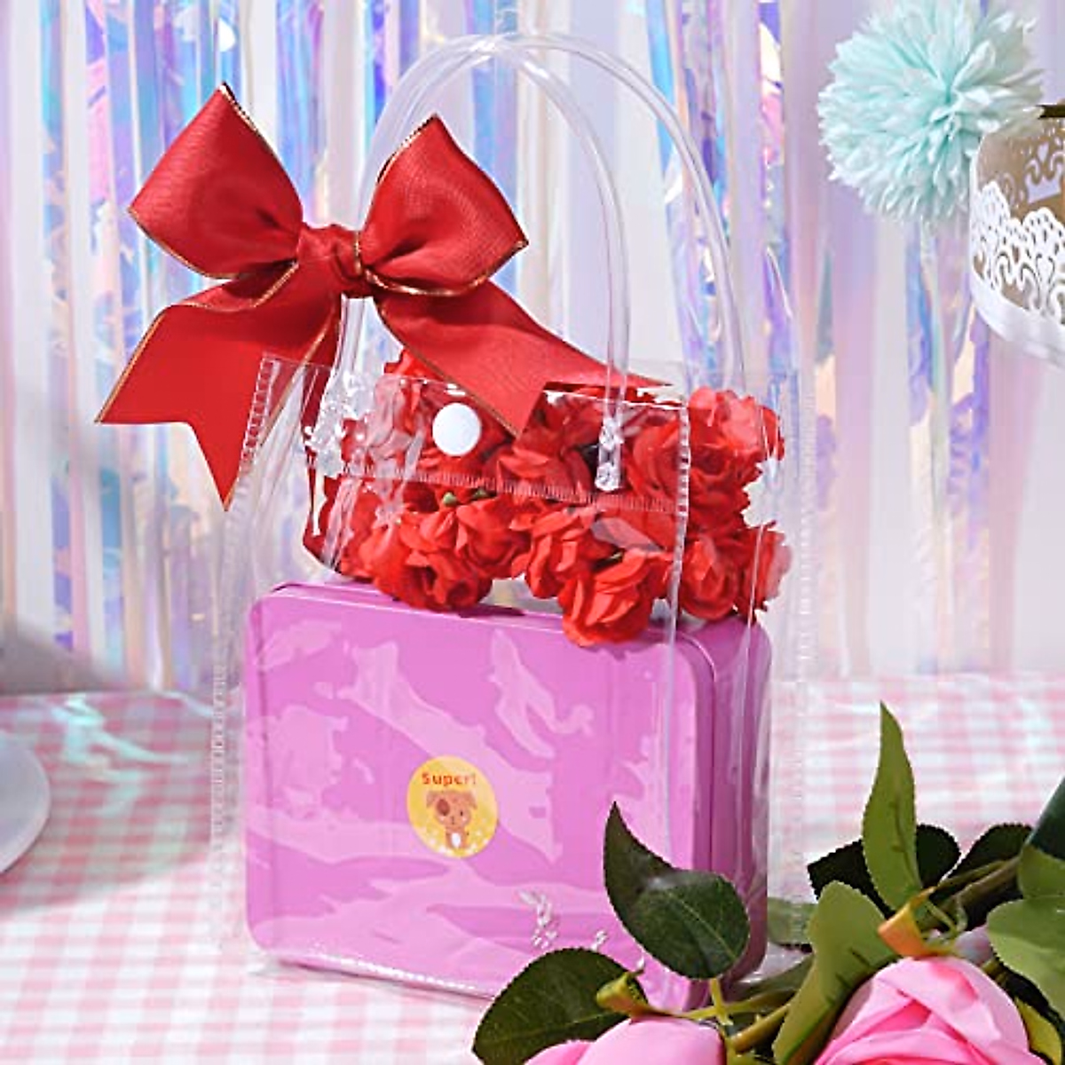 25Pcs Clear PVC Gift Bags with Handles, Small Plastic Tote Bags Transparent Gift Wrap Bags Reusable Shopping Bags for Wedding Candy Bags,Dessert,Merchandise, Retail, Small Business (Clear 5.9 * 5.1)