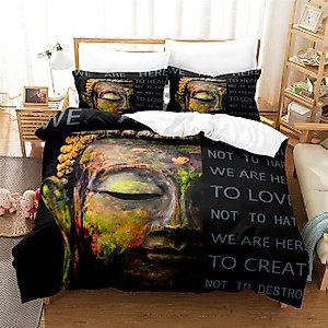 Buddha Bedding Set Adults Duvet Cover 3Pcs Black Duvet Cover Comforter Cover Room Decor Buddhism Quilt Cover Queen/King Size Duvet Cover Sets (Queen)