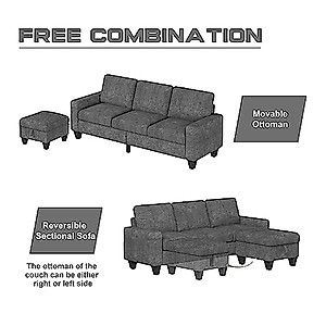 ZeeFu Convertible Sectional Sofa Couch,Grey Snowflake Velvet Modern 3-Seat L-Shaped Upholstered Sofa Couch Set with Storage Reversible Ottoman and Pockets for Living Room Small Space Apartment