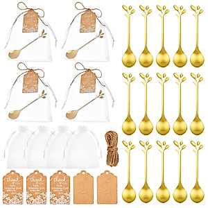 Gueevin 100 Set Wedding Tea Spoon Favor 4.7'' for Guest Bulk, Stainless Steel Mini Dessert Teaspoon with 100 Gift Tag Drawstring Organza Bag and Rope for Gift Tea Party Bridal Shower Favor (Leaf)