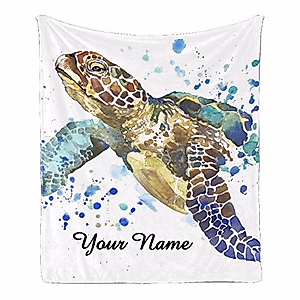 CUXWEOT Custom Blanket with Name Text,Personalized Sea Turtle Watercolor SplashSuper Soft Fleece Throw Blanket for Couch Sofa Bed (50 X 60 inches)
