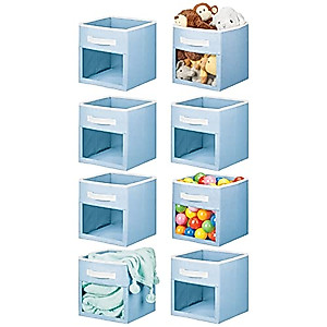 mDesign Fabric Nursery/Playroom Closet Storage Organizer Bin Box, Front Handle/Window for Cube Furniture Shelving Units, Hold Toys, Clothes, Diapers, Bibs, Jane Collection, 8 Pack - Light Blue/White