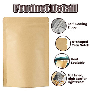 Muka 50 PCS Kraft Food Storage Pouch Bag Foil Lined Zip Lock Reusable Stand Up Bags,3.5" x 5.5" inch