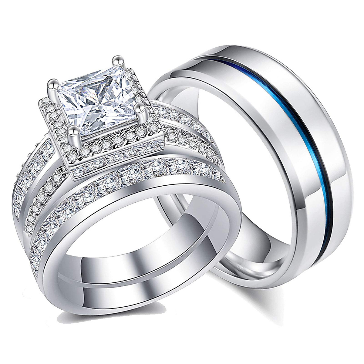 18k Gold Plated Princess Wedding Ring Sets for Him and Her Women Men Titanium Stainless Steel Bands 3.0Ct Cz Couple Rings Size 11&6