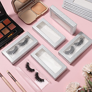 Noverlife 60PCS Empty Eyelash Packaging Box and Tray, 30 False Eyelash Storage Case 30 Transparent Tray, Lash Packaging Storage Container Lash Case Holder Tray Fake Lashes Holder Set - Glitter Silver