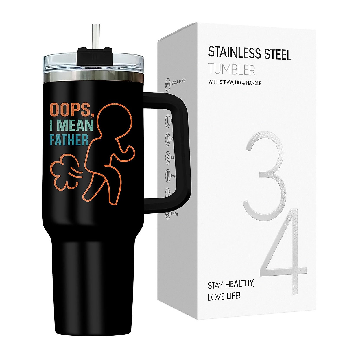 34HD Funny Dad Tumbler with Handle & Straw, 40oz Stainless Steel Vacuum Insulated Best Dad Coffee Mug with Lid, Birthday Christmas Father Day Gifts for New Papa Husband Grandpa