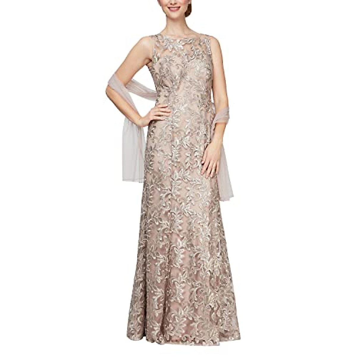 Alex Evenings Women's Petite Long Sleeveless Dress with Shawl, Champagne, 8P